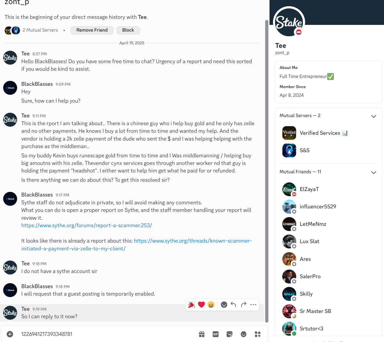 Known scammer initiated a payment via Zelle to my client | Sell & Trade Game Items | OSRS Gold | ELO